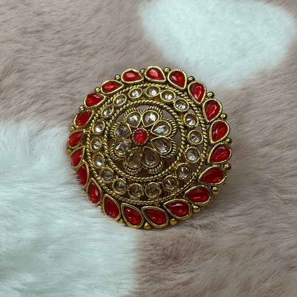 Jewelry | Adjustable Gold Big Round Ring With Red And Clear Gemstones ...